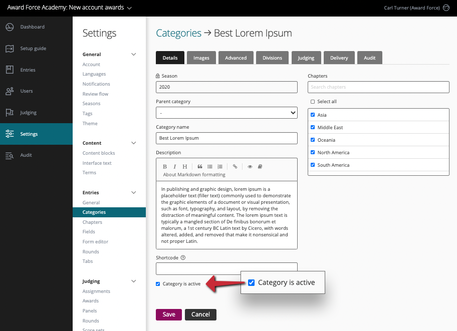 Category configuration – Award Force Help Centre