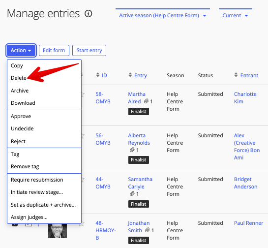 Delete and undelete entries – Award Force Help Centre