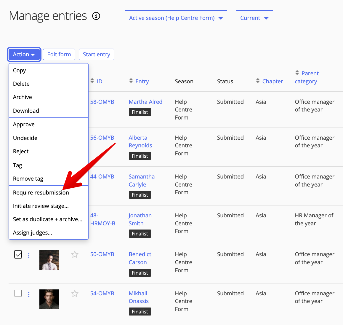 Entry resubmission – Award Force Help Centre